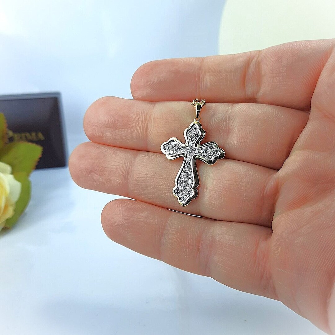 14k Gold and Diamonds Orthodox Cross Necklace, Two Tone Yellow and ...