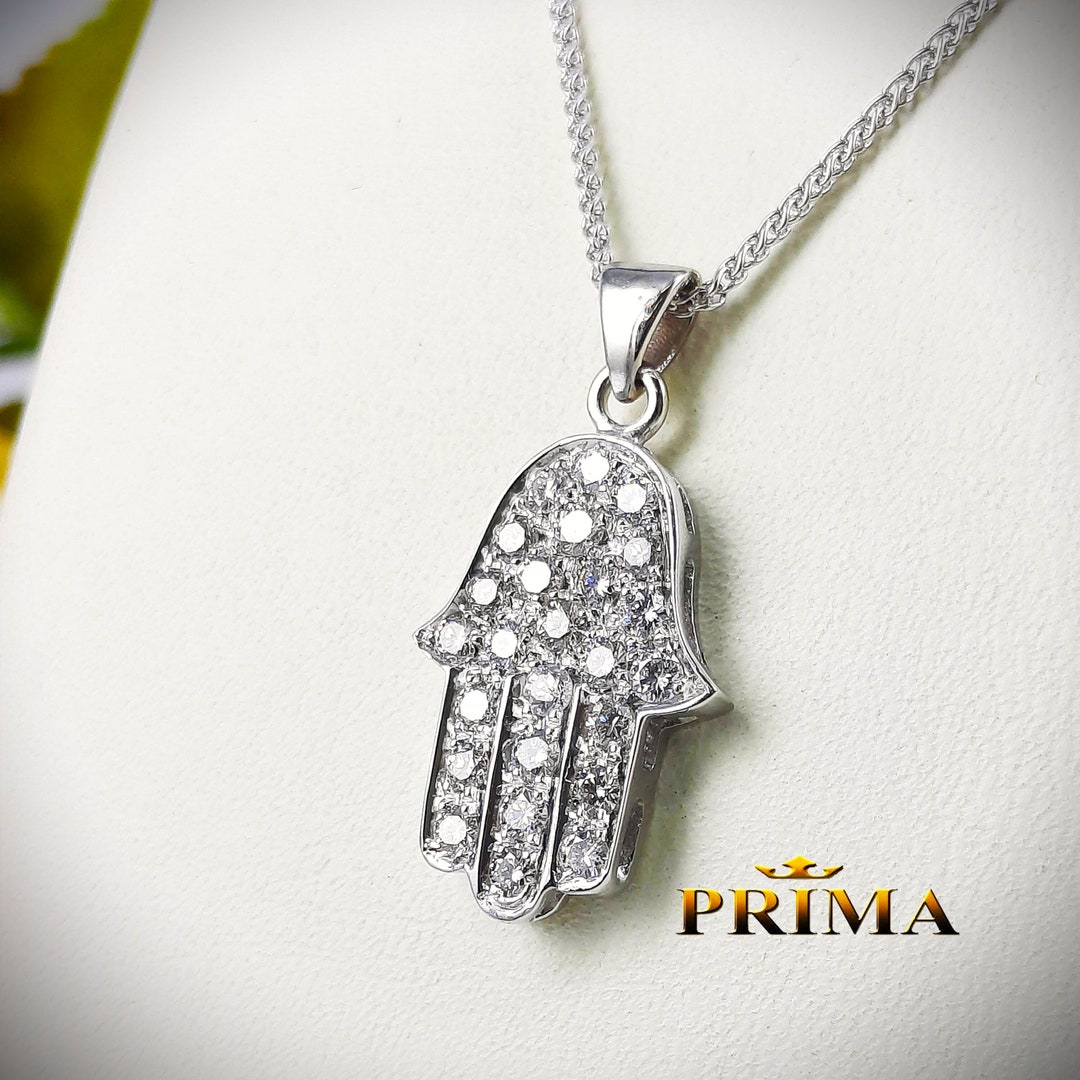 Pave Diamond Hamsa Necklace in 14k White Gold | Evil Eye Pendant ...