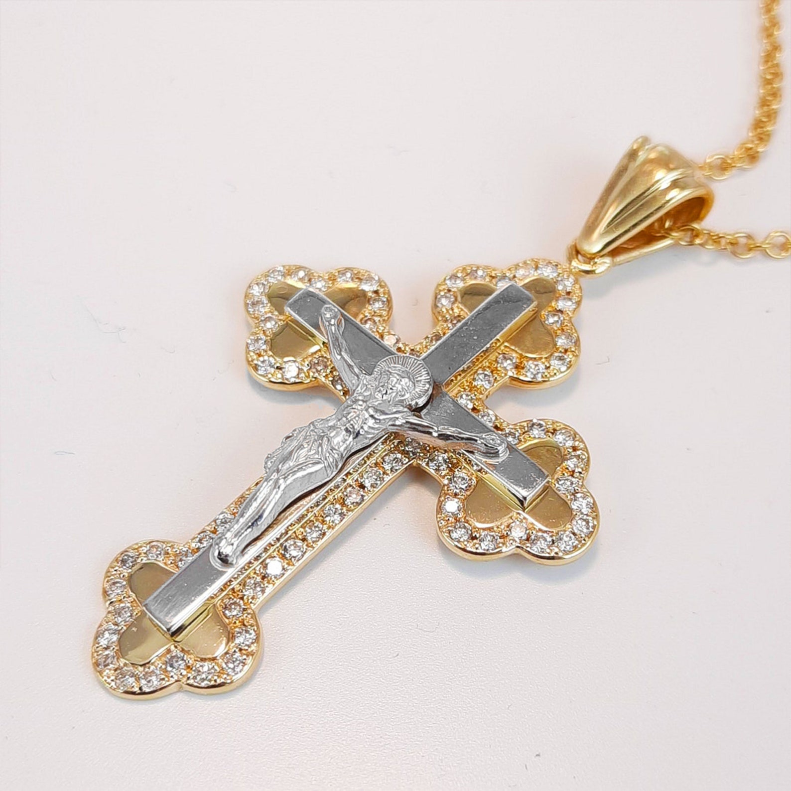 Diamond Orthodox Cross Necklace, 14k Gold Crucifix Pendant, Gold ...