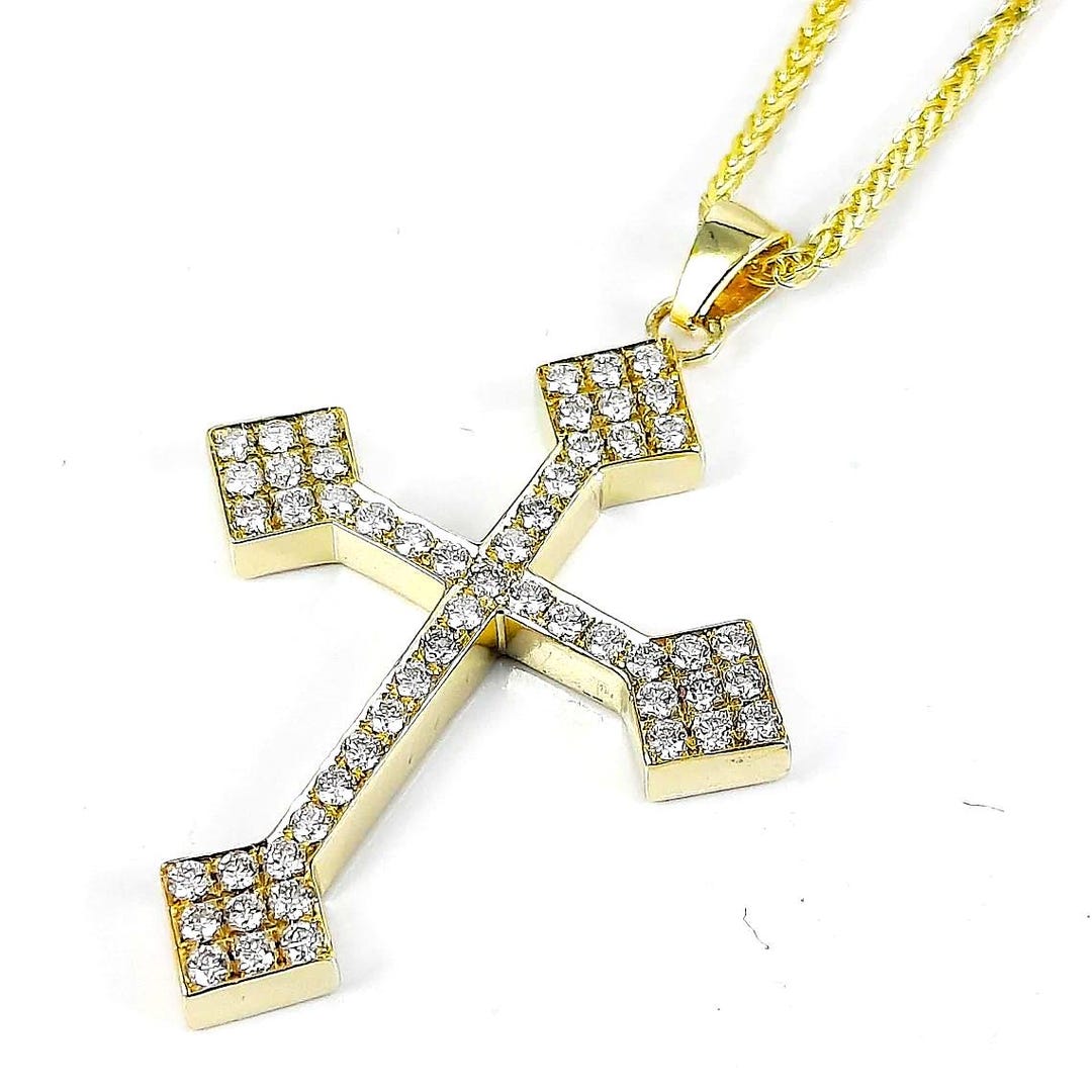 Diamond Cross Necklace in 14k Yellow Gold Orthodox Cross Pendant 0.44 ...
