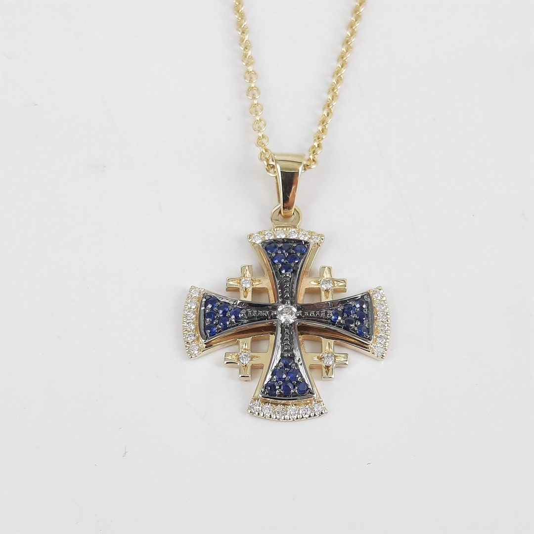 Jerusalem Cross Pendant Necklace With Diamonds and Sapphires, Israeli ...