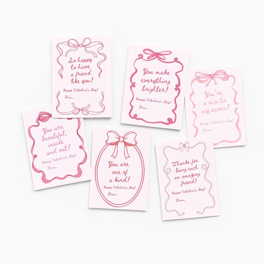 Printable Valentine Cards, Wavy Bow Cards, Pink Coquette Classroom ...