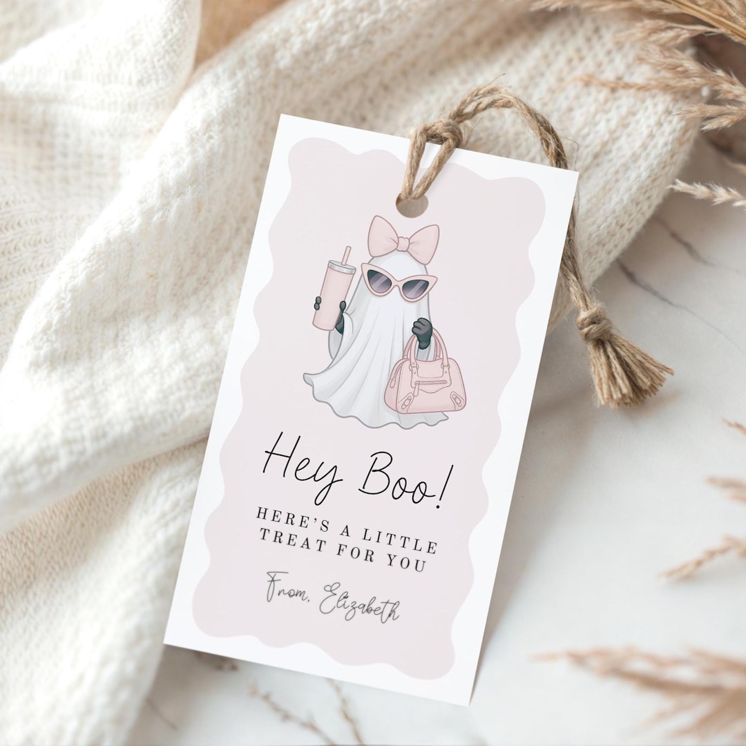 Pink Ghost Halloween Gift Tag: "hey Boo" Treat Bag Label (digital ...