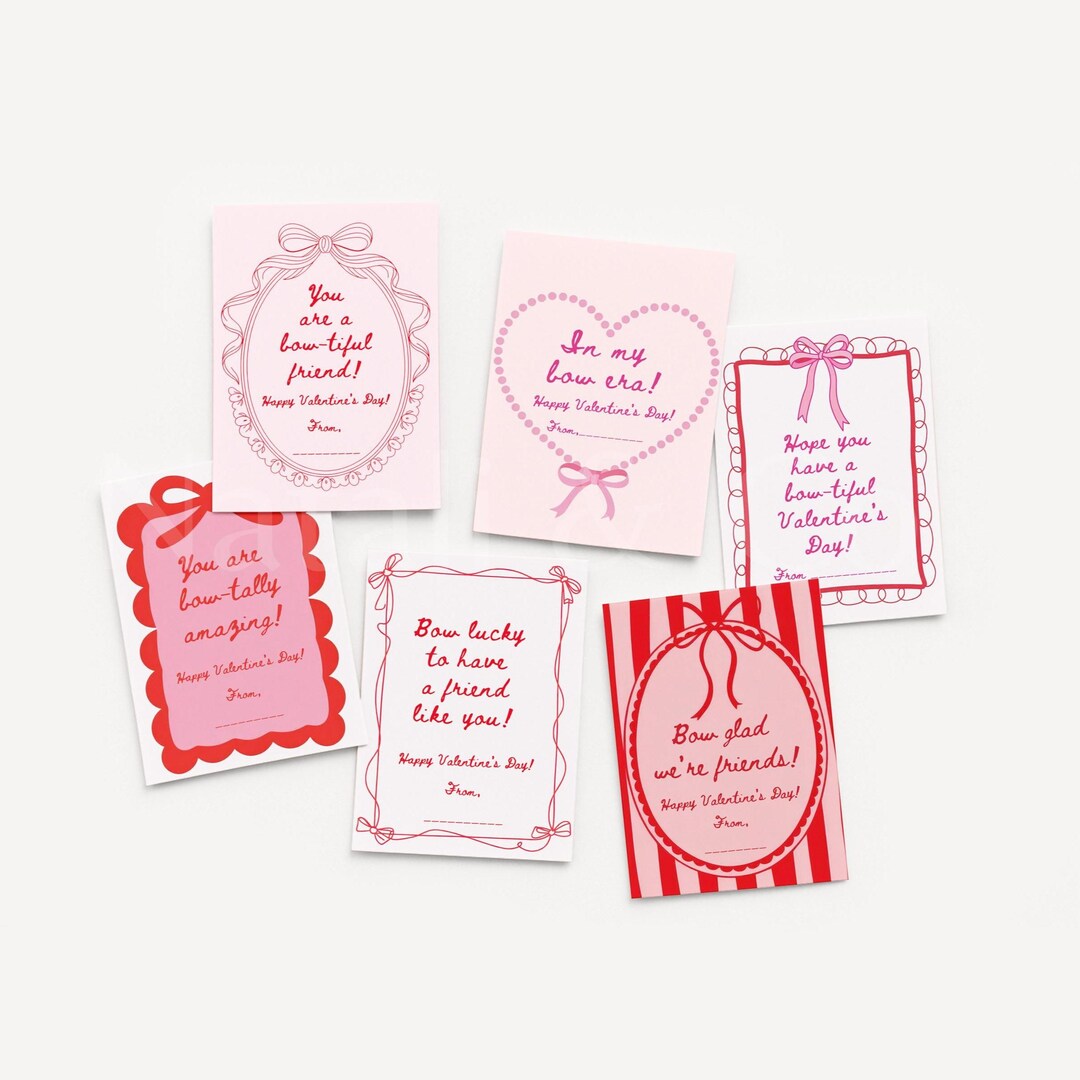 Pink Bow Valentine Cards Printable for Classroom, Girls Valentines PDF ...