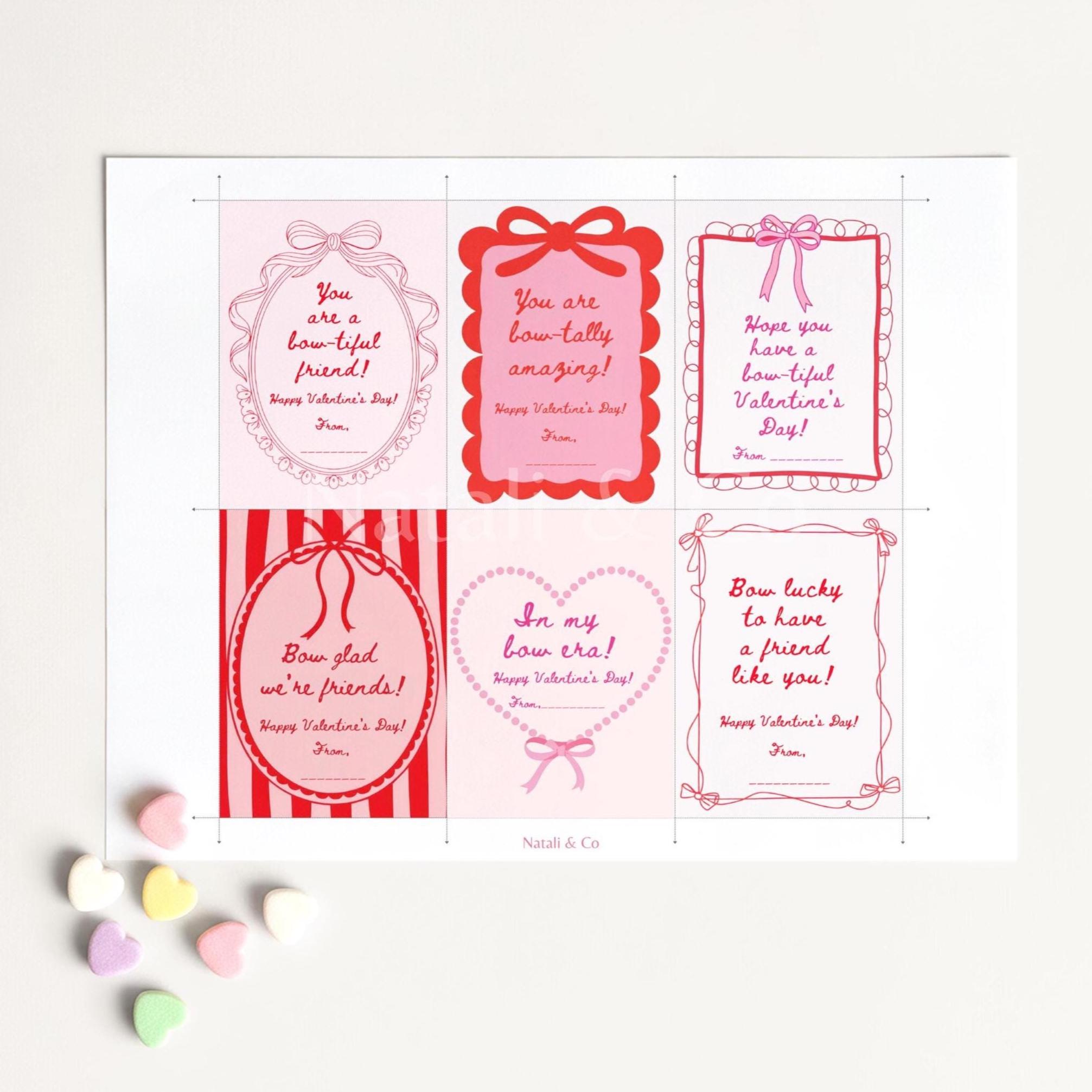 Pink Bow Valentine Cards Printable for Classroom, Girls Valentines PDF ...