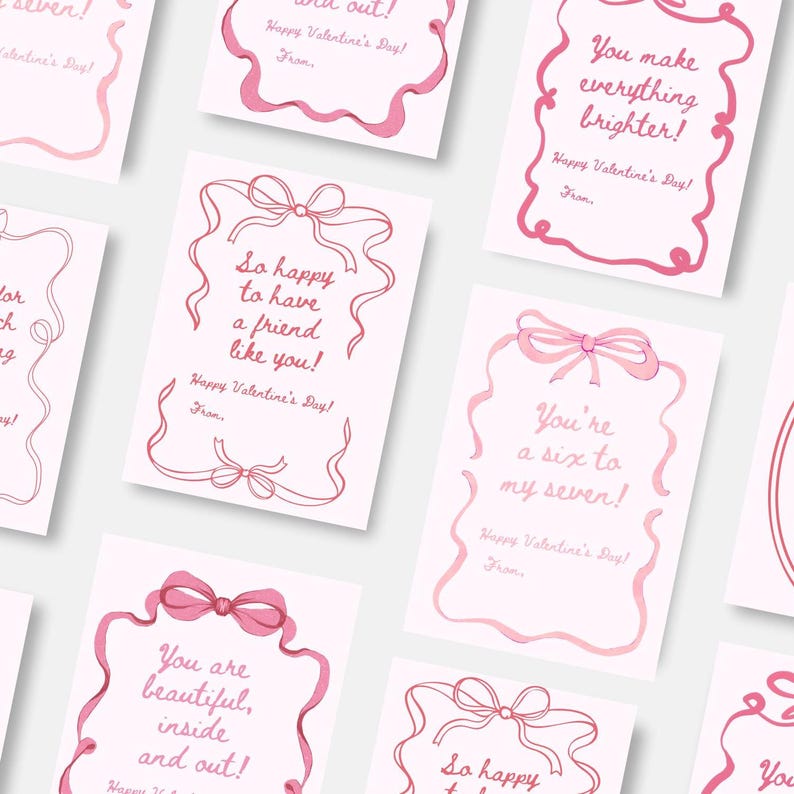 Printable Valentine Cards, Wavy Bow Cards, Pink Coquette Classroom ...