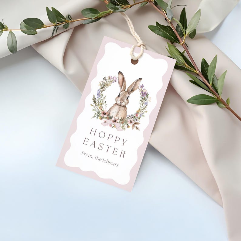 Editable Easter Bunny Printable Hoppy Easter Favor Gift Tag, Pink Wavy ...