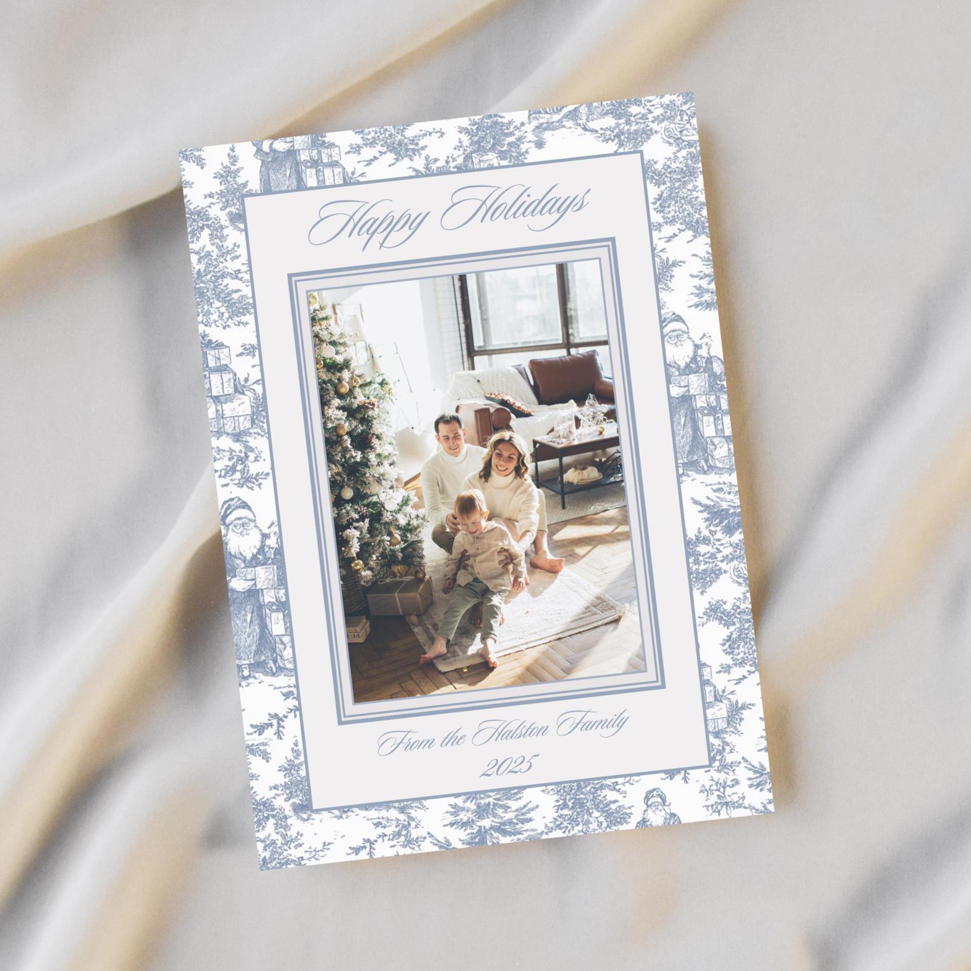 Editable Christmas Photo Card, Classic Blue French Toile, Canva Holiday ...