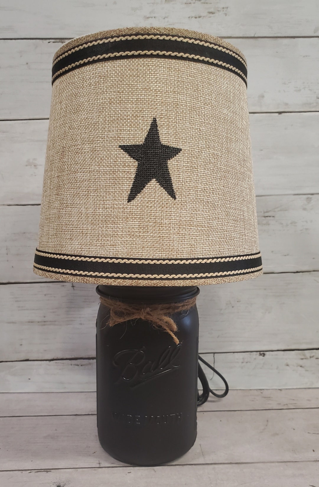 Primitive Black Mason Jar Lamp & Burlap Stripe Shade W/ Star ...