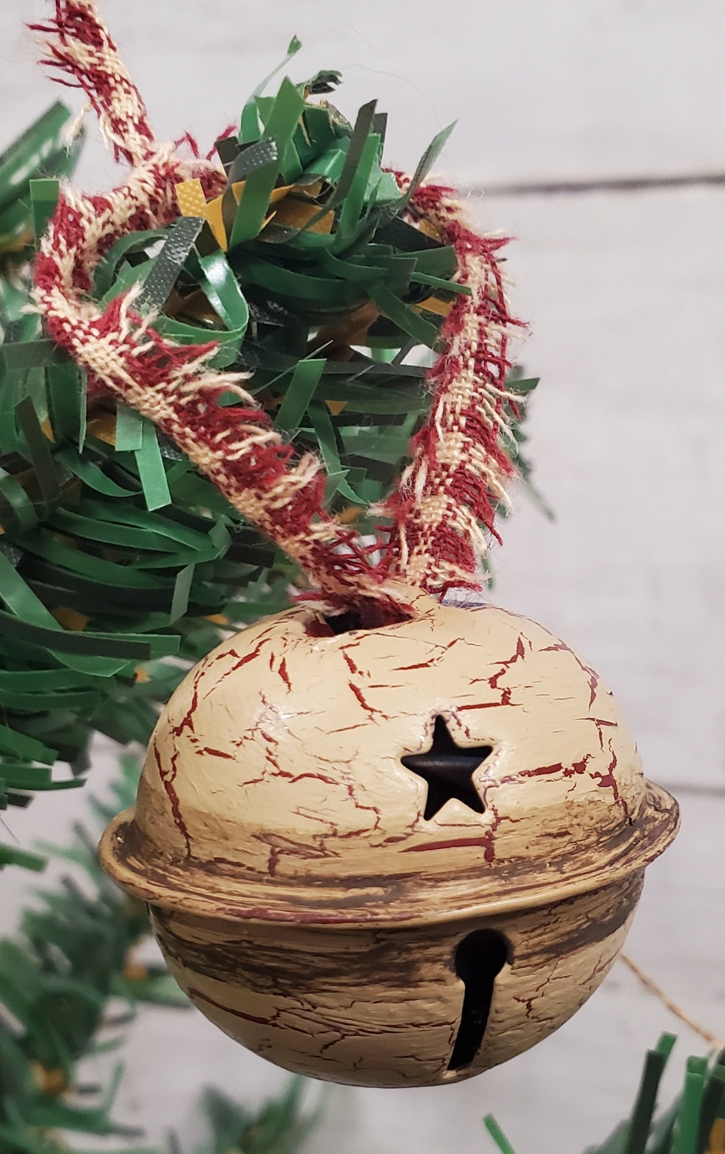 Primitive Jingle Bell Christmas Ornaments Crackle Painted Tan/burgundy ...