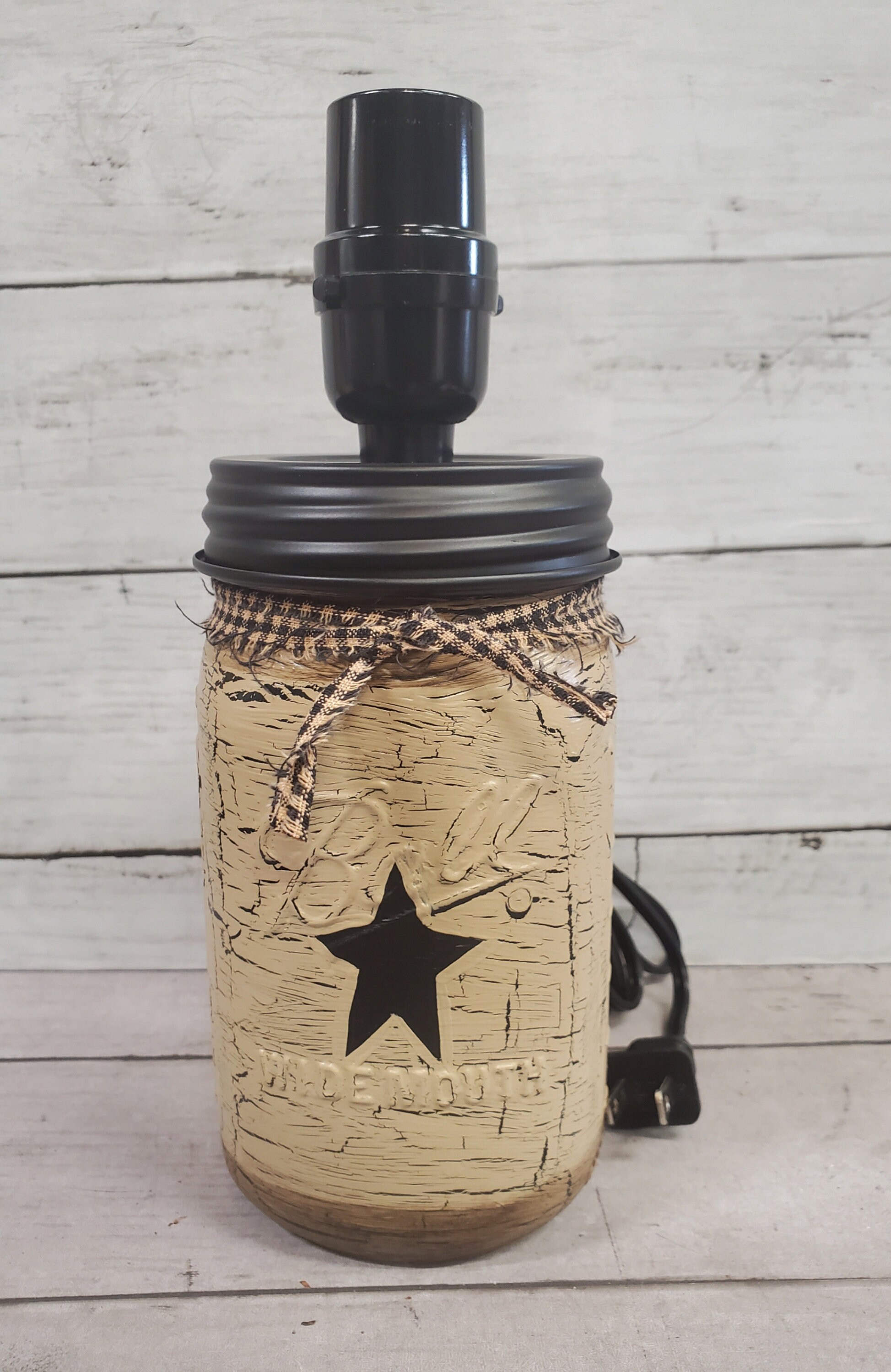 Primitive Crackle Painted Tan W/ Black Star Mason Jar Lamp & Burlap ...