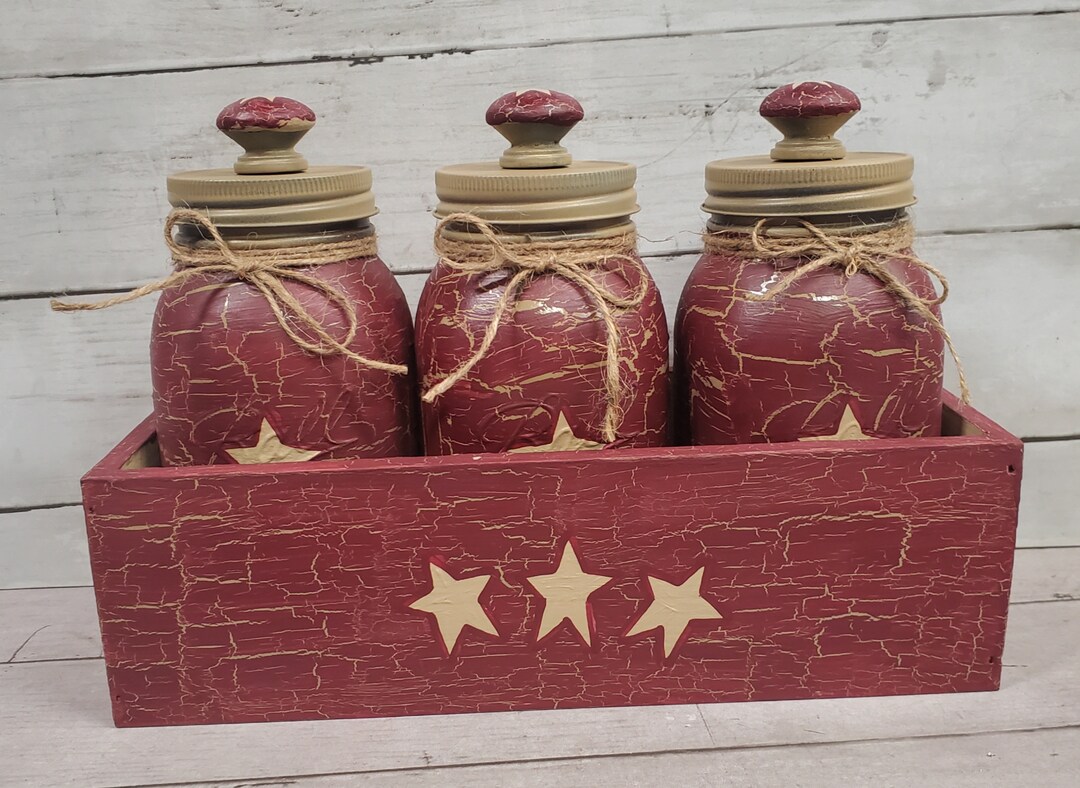 Rustic Primitive Mason Jars and Wood Box Crackle Painted Burgundy With ...