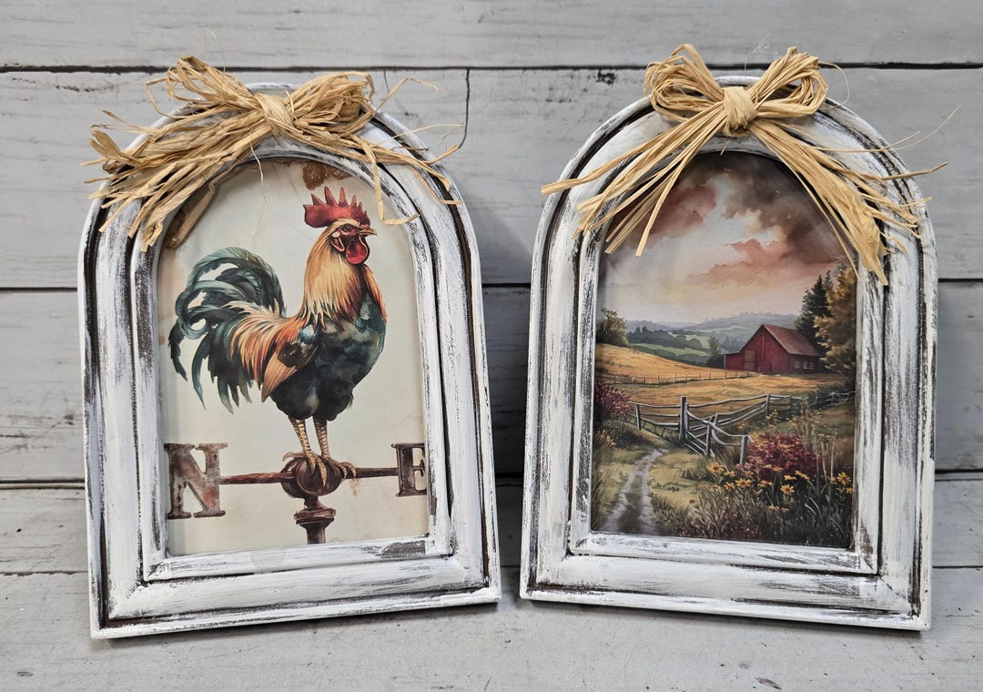 Farm Theme Barn Rooster Print in Distressed White Arched Picture Frame ...