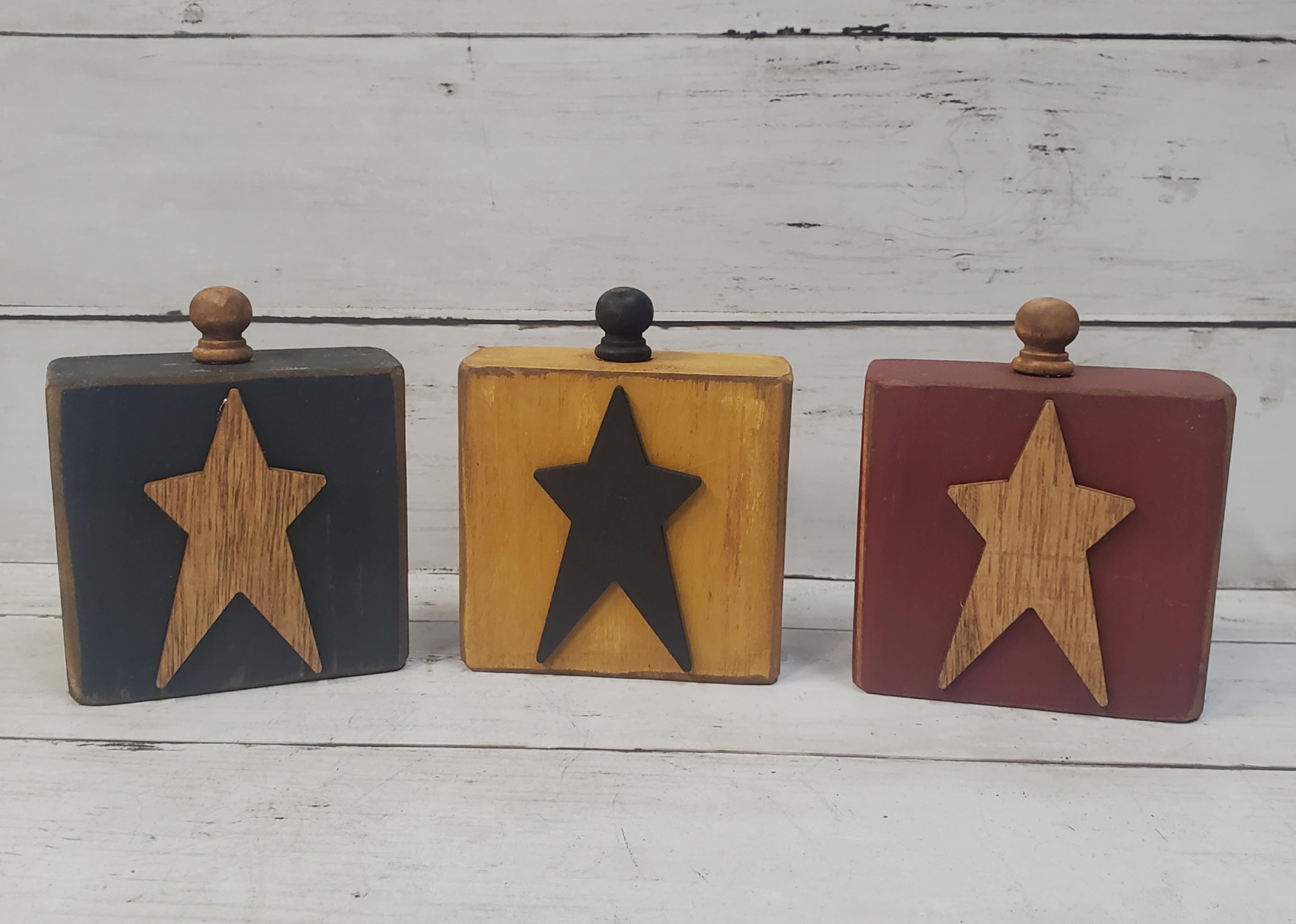 Primitive Star Chunky Wood Blocks Tray Decor Burgundy, Mustard, Navy ...