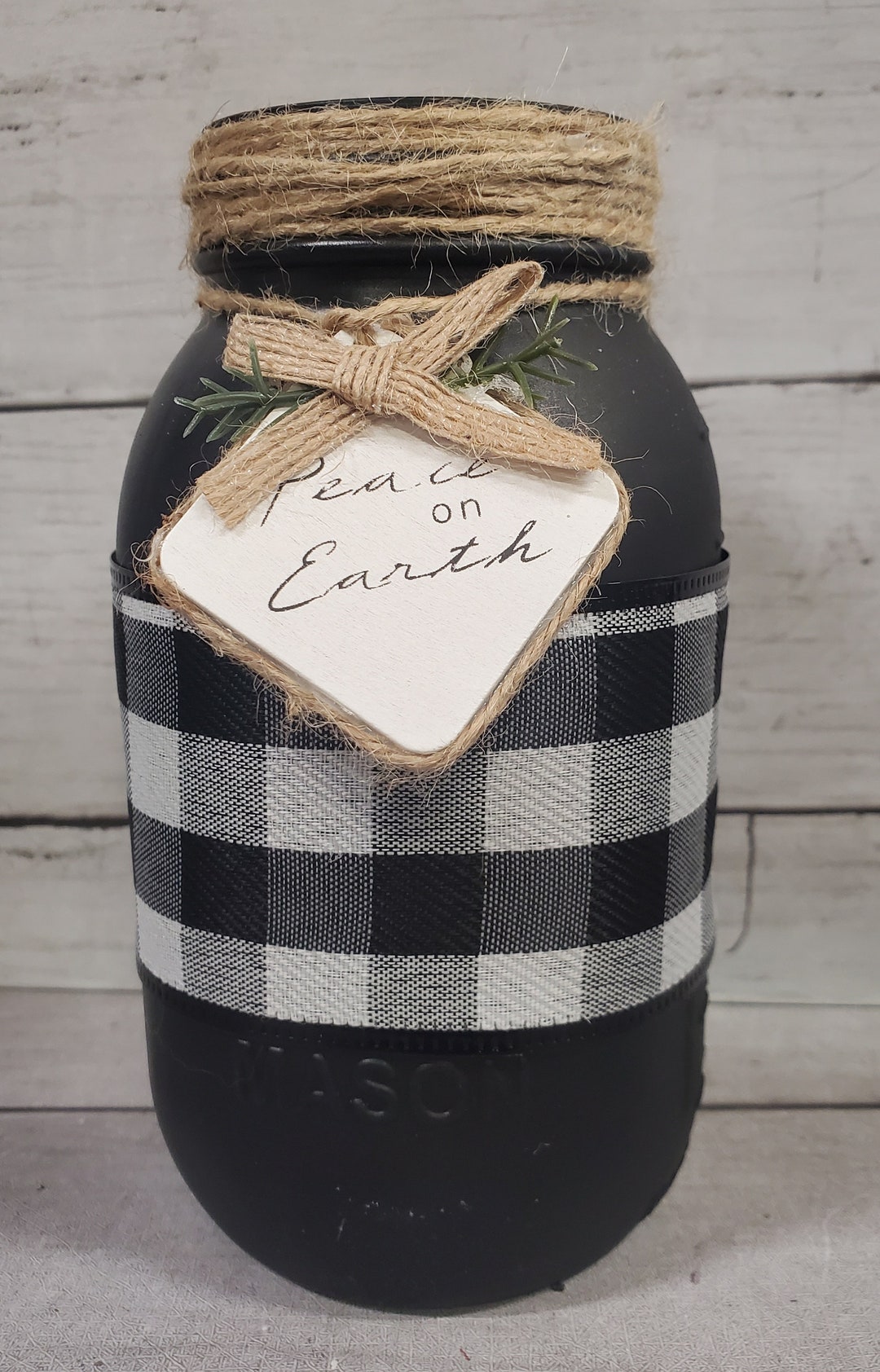 Christmas Mason Jar Buffalo Check Black or White Peace on - Etsy
