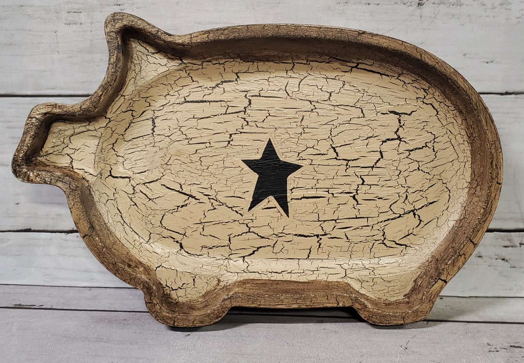 Primitive Wood Pig Tray Crackle Painted Tan With Black Stars Farmhouse ...
