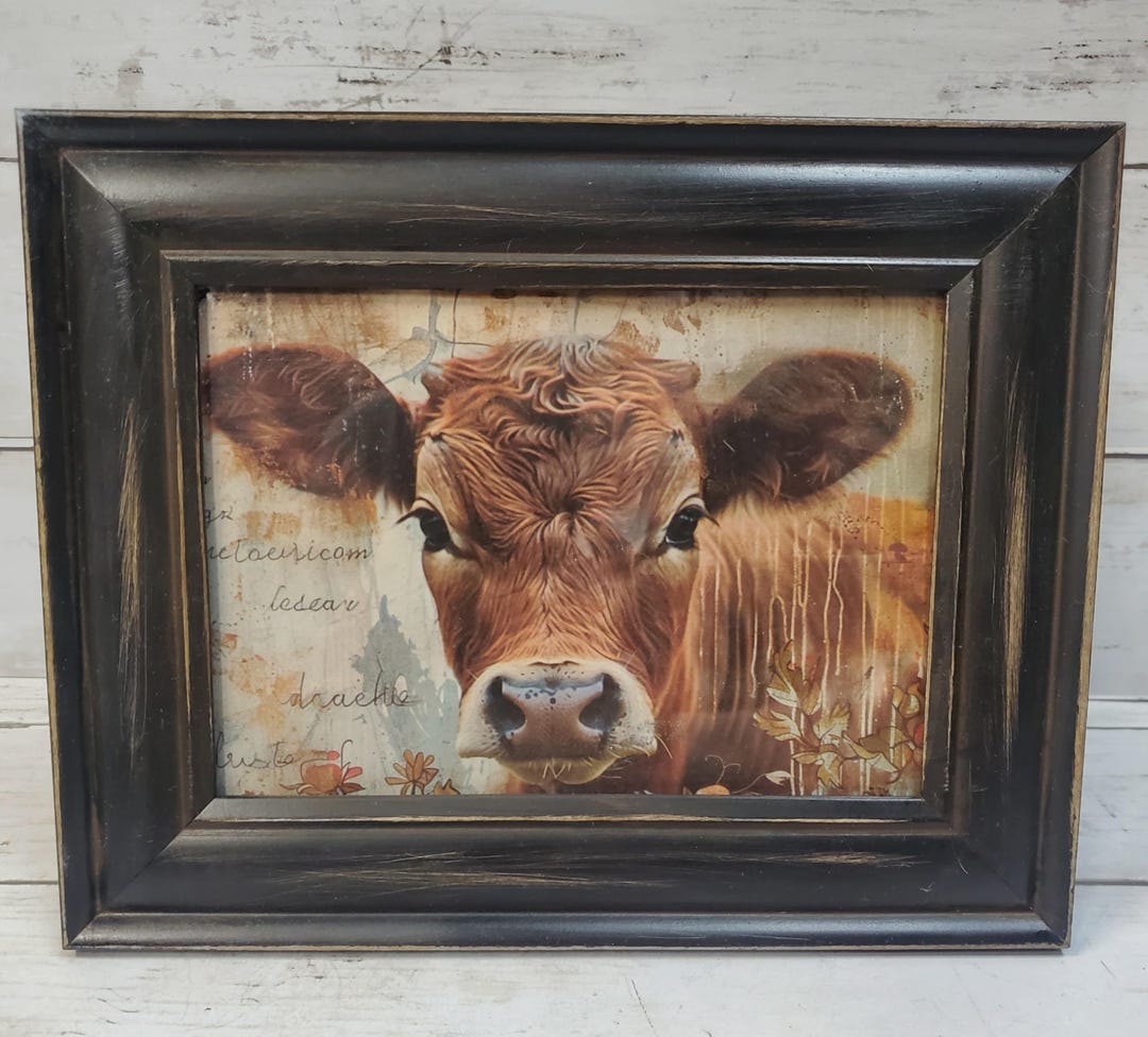 Aged Framed Calf/cow Print Farmhouse Wall Decor Shelf Decor Black ...
