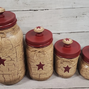 Mason Jar Kitchen Canisters Crackle Painted Tan W/burgundy Stars Set of ...
