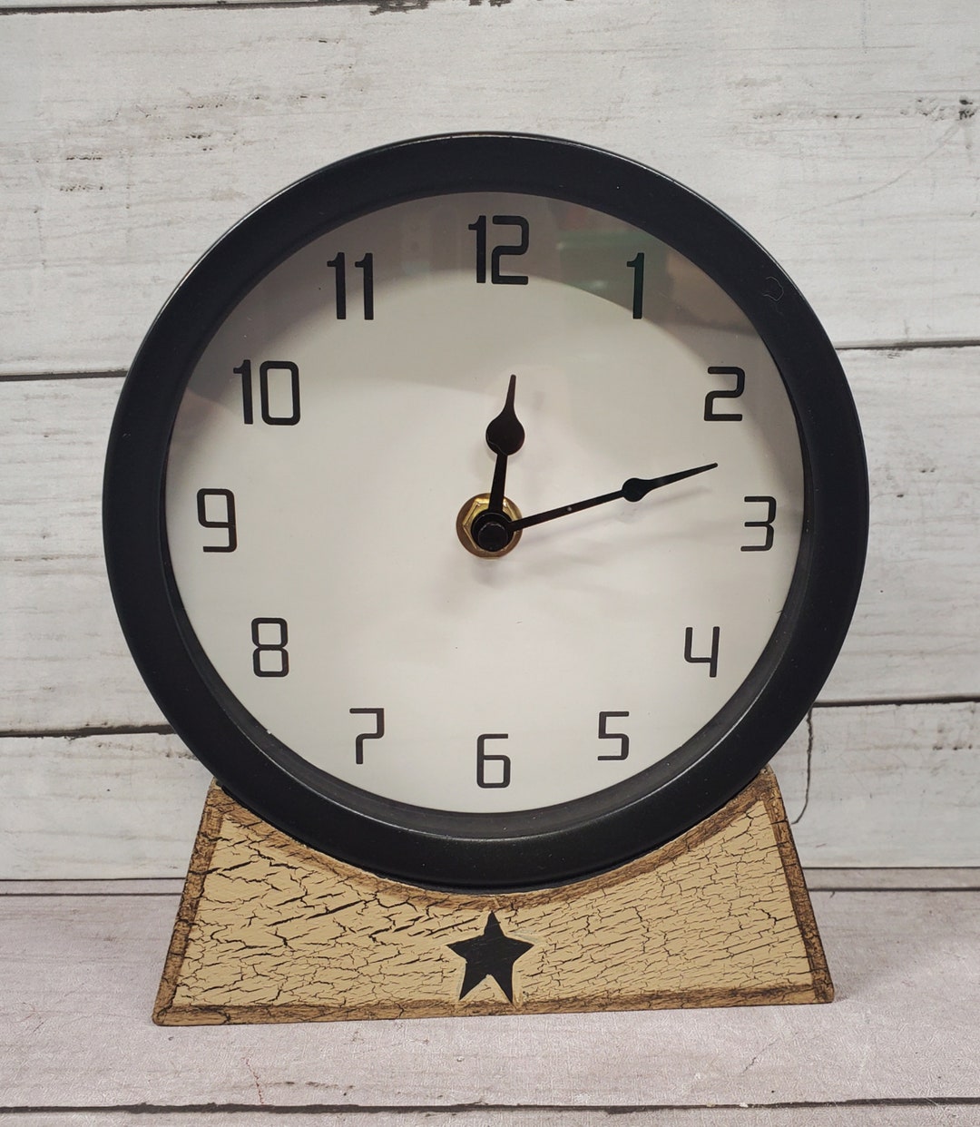 Primitive Clock Wood & Metal Crackle Painted W/ Black Star Mantle Clock ...
