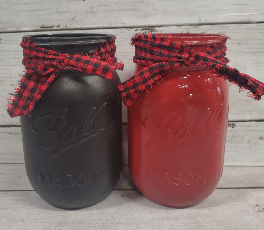 Solid Mason Jar W/ Buffalo Check Black/red Set of 2 Jars/ Christmas ...