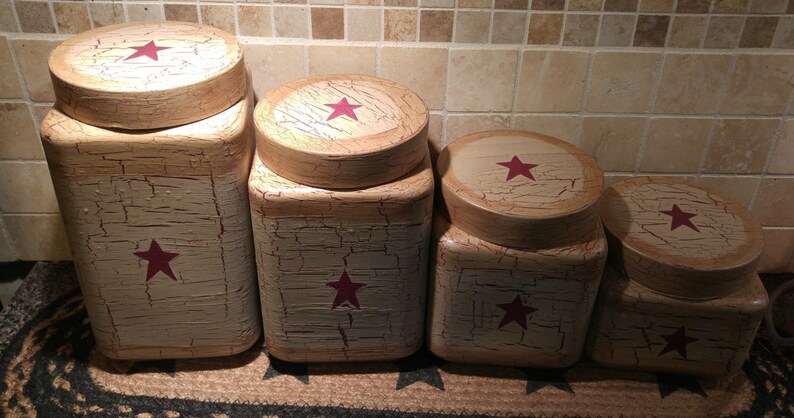 Primitive Crackle Tan With Burgundy Stars Glass Canister Set - Etsy