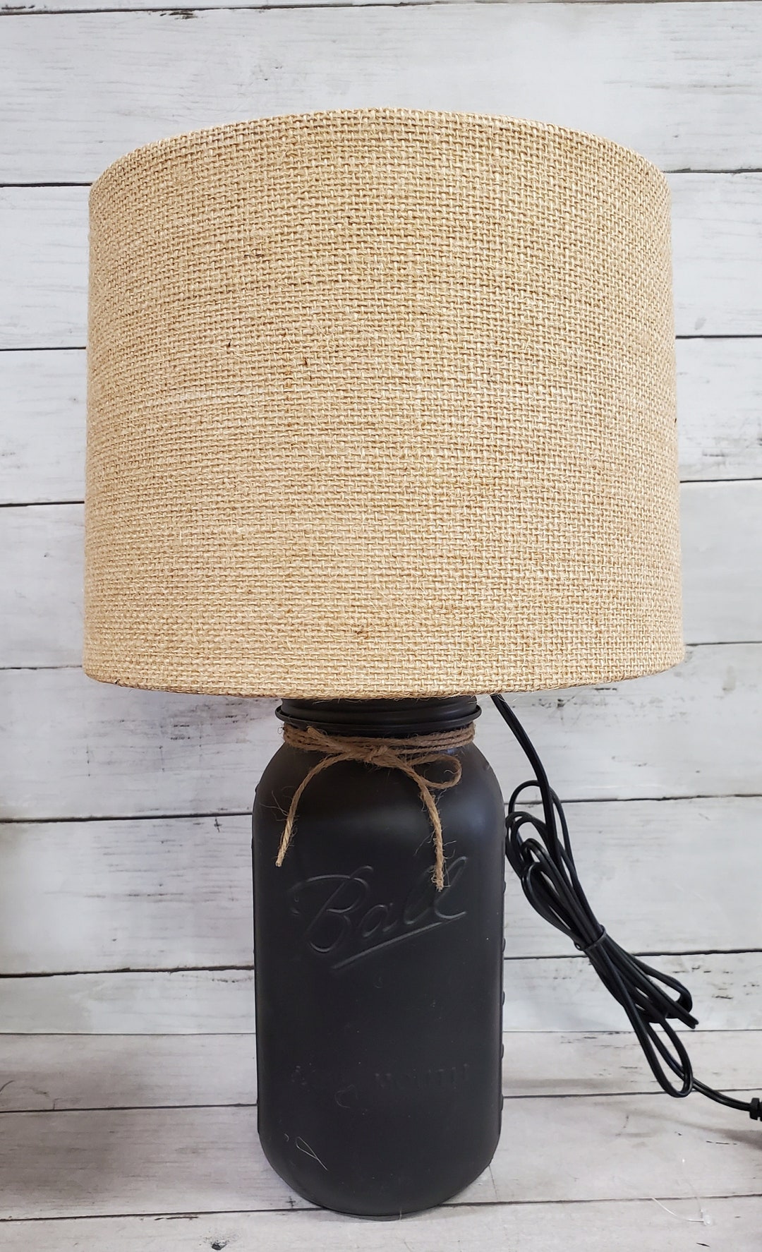 Mason Jar Lamp Black With Burlap Shade Modern Neutral Country Farmhouse ...