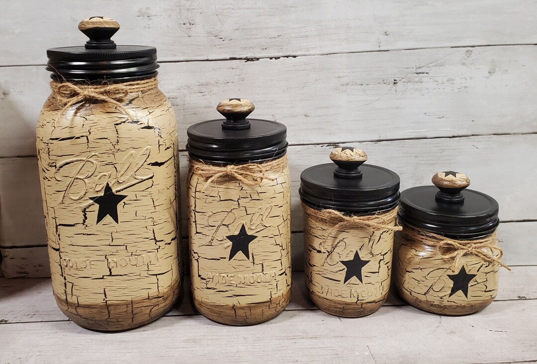 Mason Jar Canister Set of 4 Primitive Crackle Painted Tan W/black Stars ...