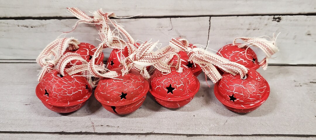 Primitive Jingle Bell Christmas Ornaments Crackle Red and White Set of ...