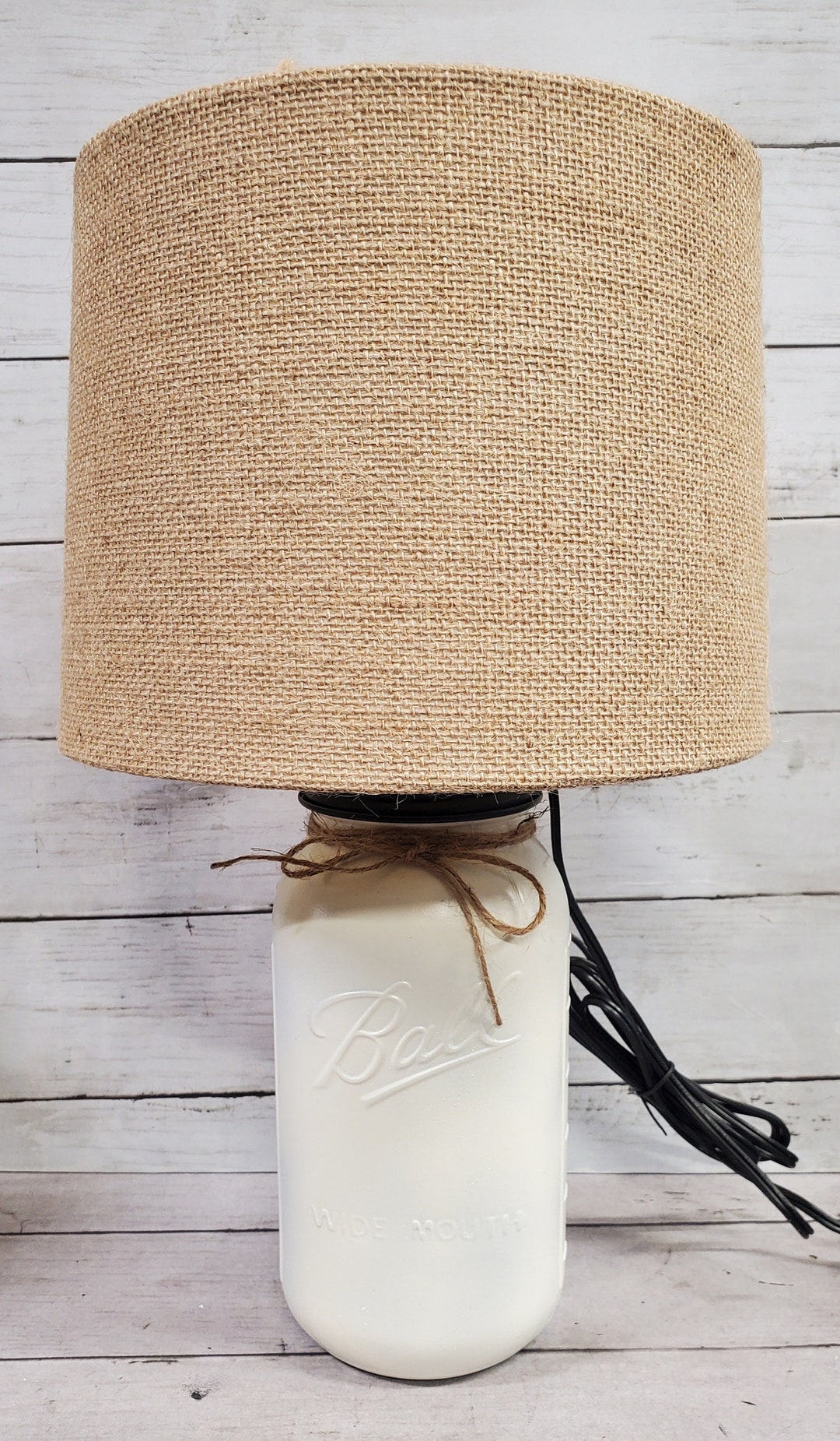 Mason Jar Lamp Heirloom White With Burlap Shade Farmhouse, Country ...