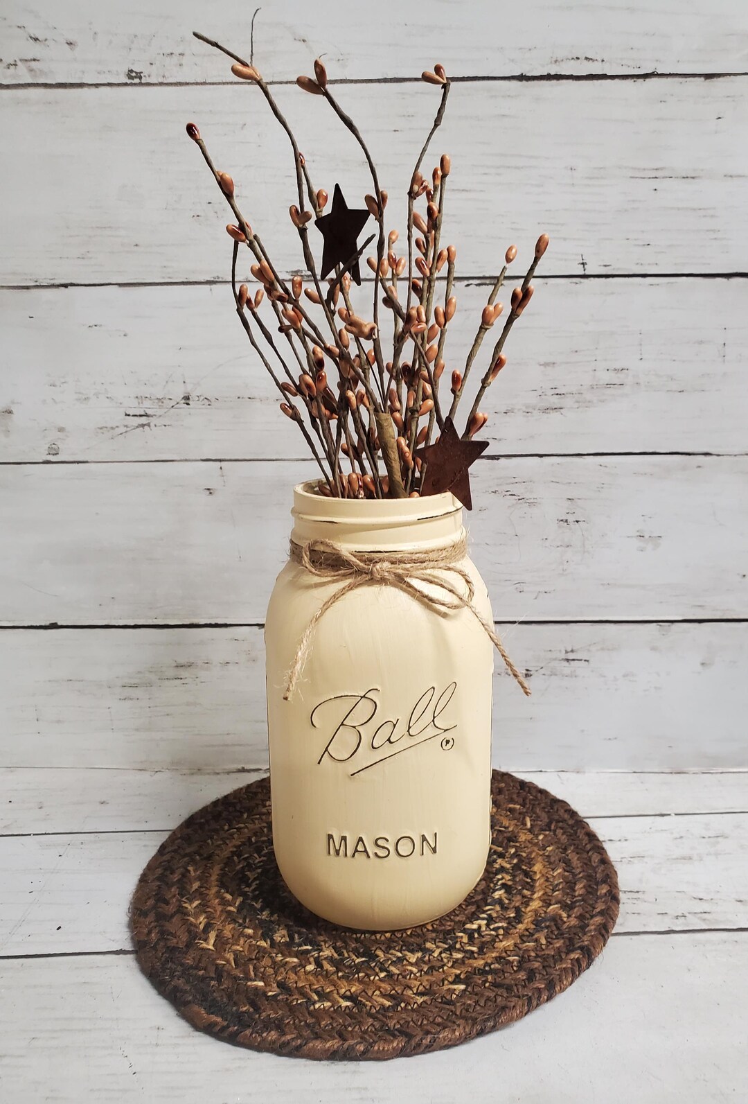 Mason Jar With Pip Berry and Jute Mat Distressed Cashew Cream Farmhouse ...
