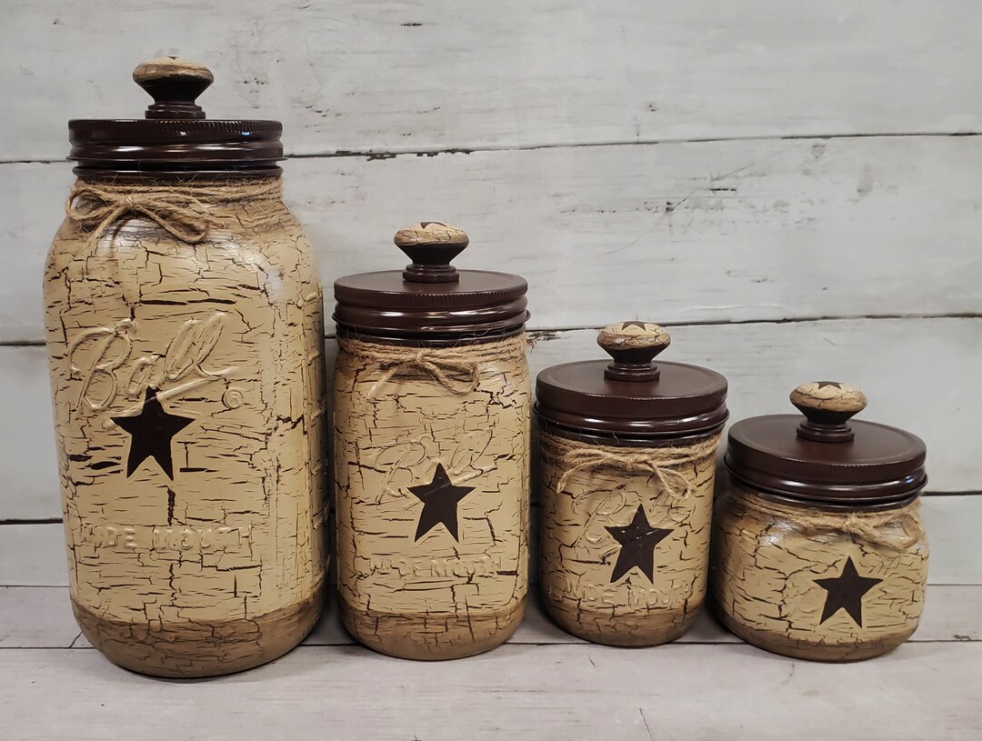 Mason Canister Set Primitive Crackle Painted Tan W/ Brown Stars Kitchen ...