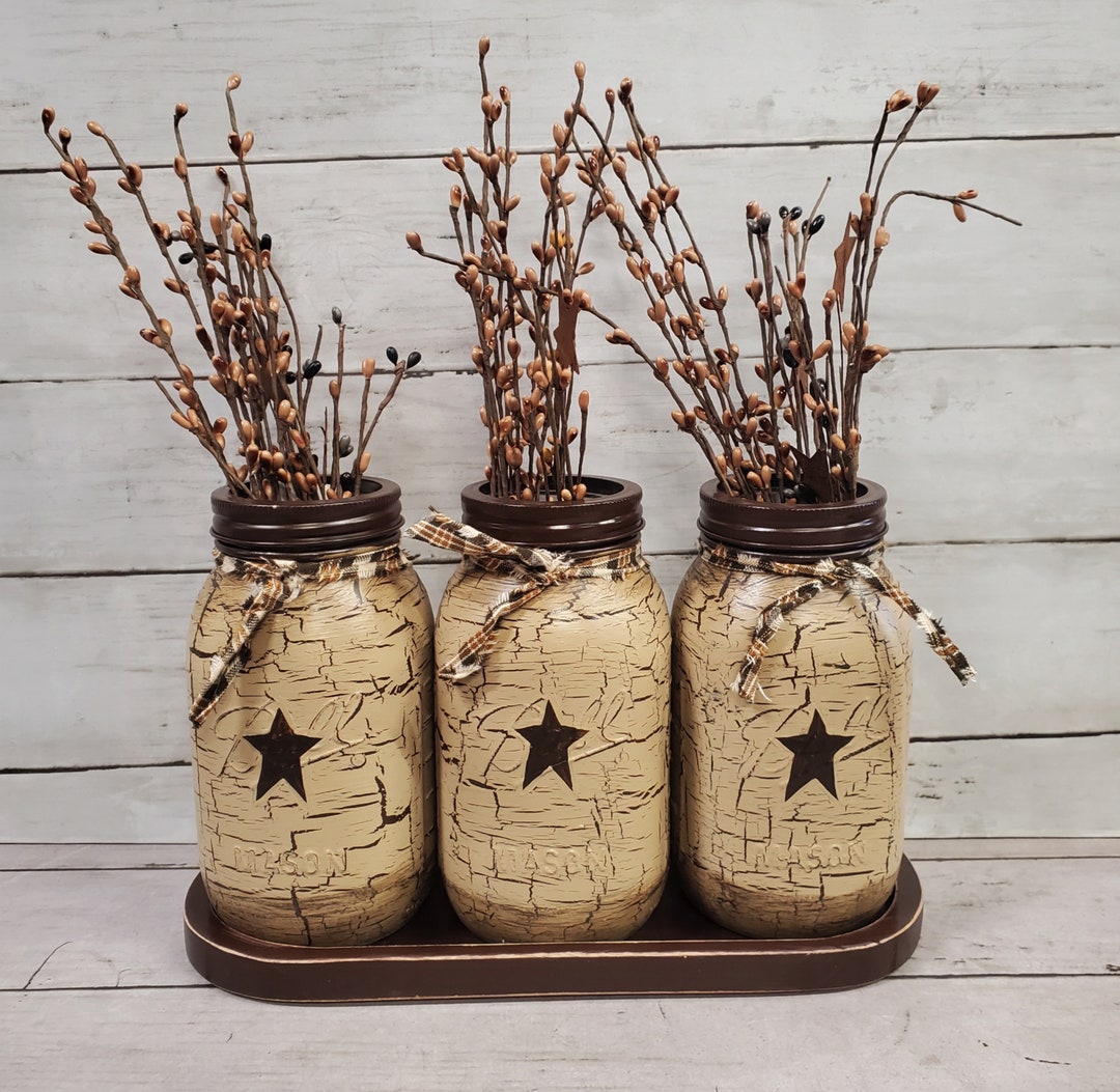 Primitive Mason Jar Set Wood Tray Pip Berries Crackle Painted Tan With ...