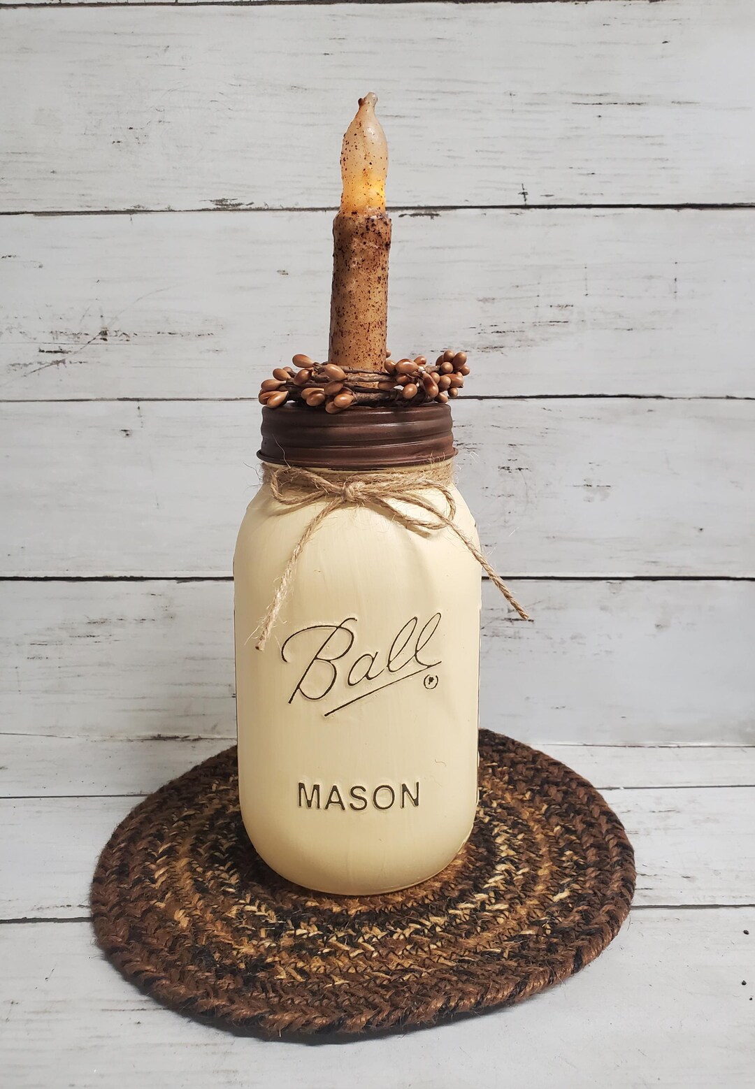 Mason Candle Lamp Set Hand Painted Cashew Distressed Pip Berry Grubby ...