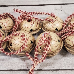 Primitive Jingle Bell Christmas Ornaments Crackle Painted Tan/burgundy ...