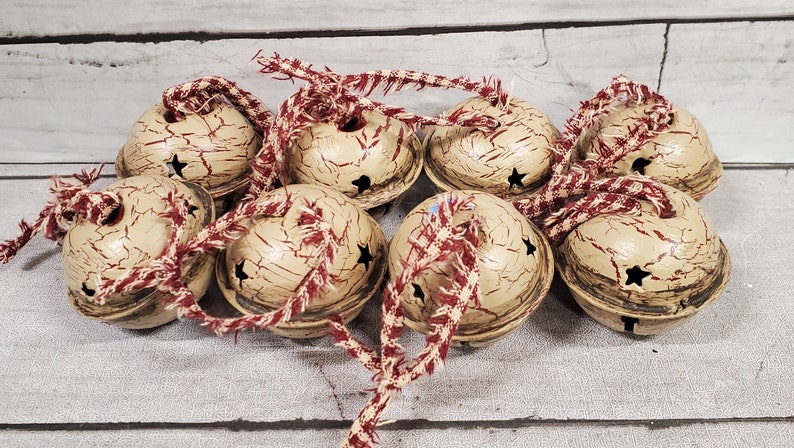 Primitive Jingle Bell Christmas Ornaments Crackle Painted Tan/burgundy ...