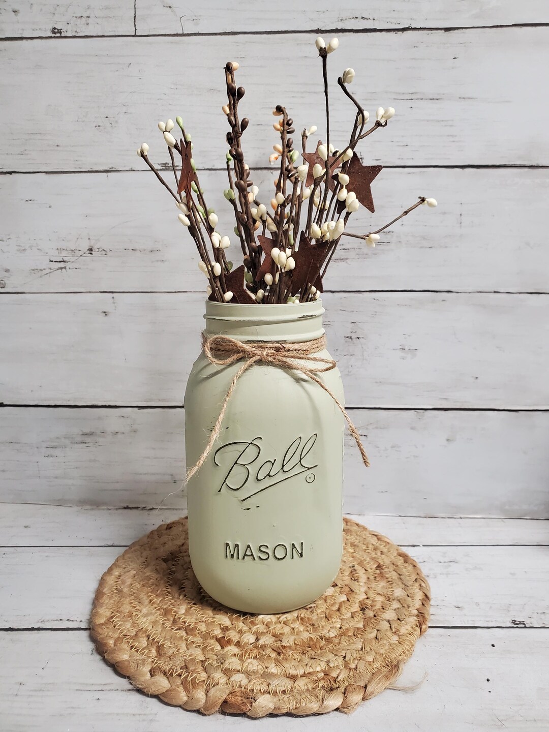 Mason Jar With Pip Berry and Jute Mat Distressed Celery Green Spring ...