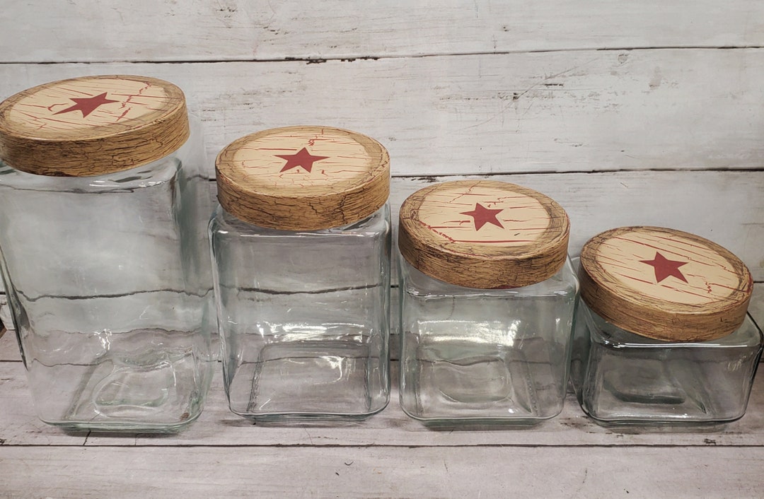 Primitive Kitchen Canister Set Crackle Painted Tan With Barn Red Star ...
