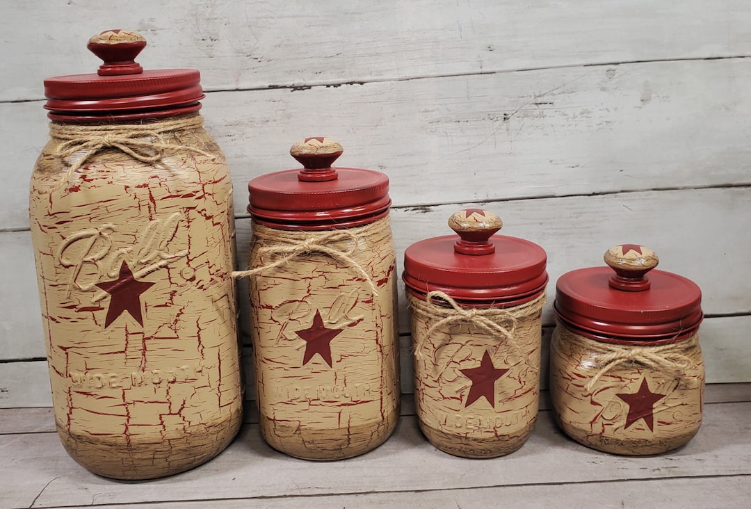 Crackle Painted Mason Jar Canister Set Tan W/barn Red Stars 4pc Kitchen ...