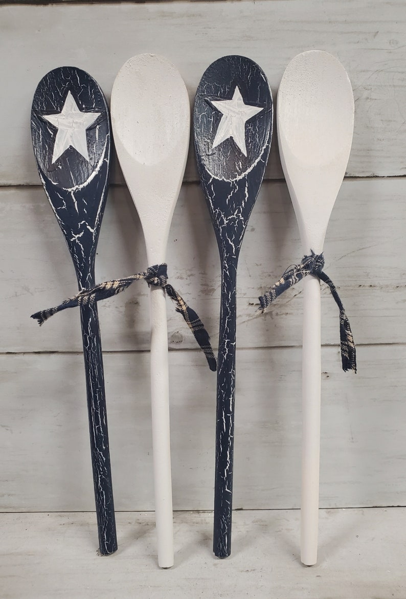 Primitive Wood Spoon Set Crackle Painted Midnight Blue With White Stars ...