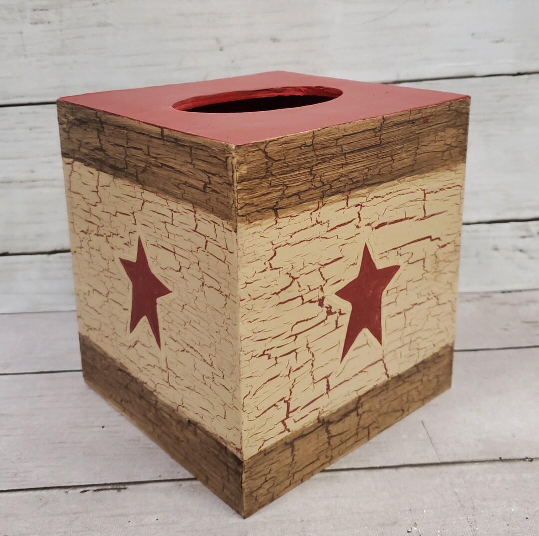 Primitive Wood Tissue Box Cover Crackle Painted Tan W/barn Red Stars or ...