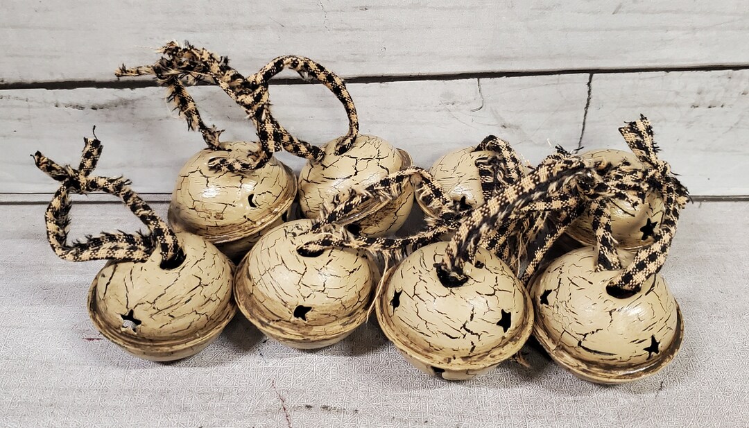 Primitive Christmas Jingle Bell Ornaments Set of 8 Tan/black Homepsun ...