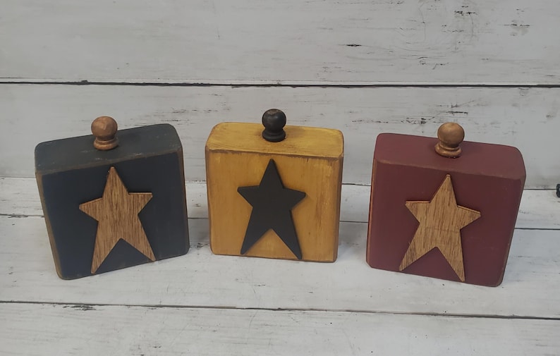Primitive Star Chunky Wood Blocks Tray Decor Burgundy, Mustard, Navy ...