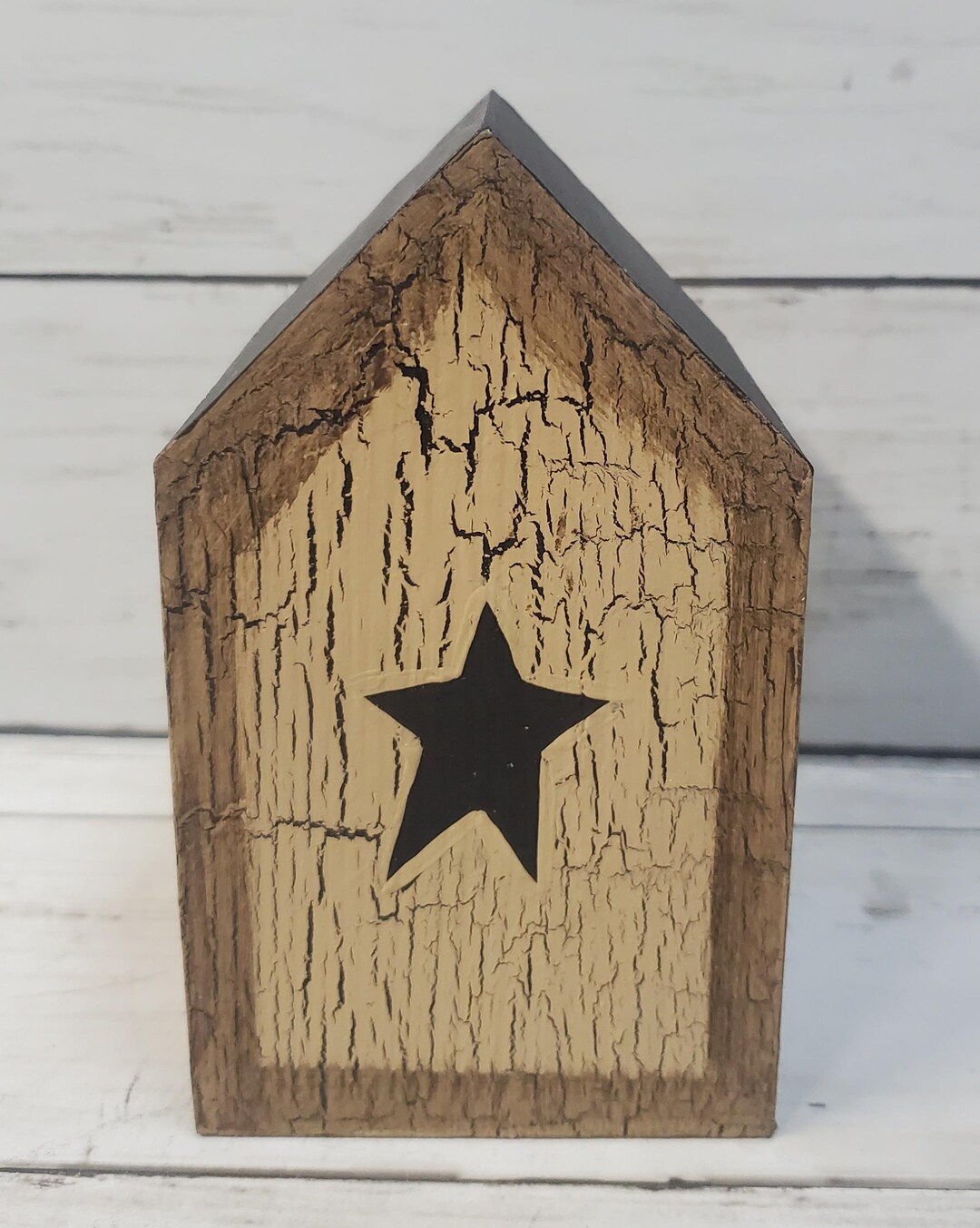 Primitive Wood Saltbox House Shelf Tray Decor Crackle Painted Tan With ...