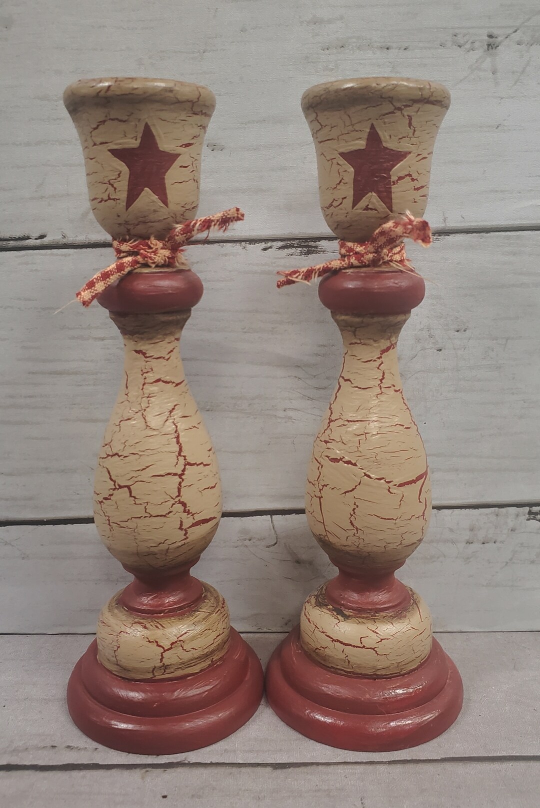 Primitive Crackle Tan and Barn Red Star 7 Wood Candlesticks Taper ...