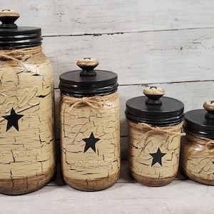 Primitive Mason Jar Canister Set of 4 Crackle Painted Tan Black Stars ...