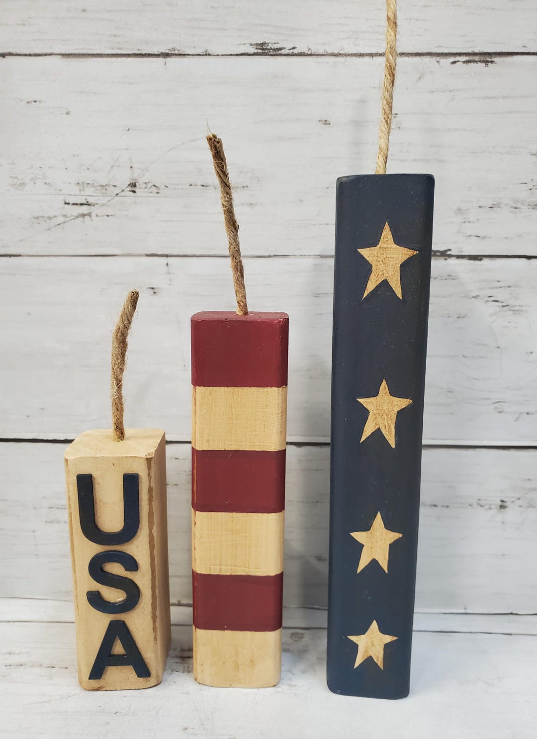 Aged Wood Firecracker Set Patriotic RWB With Stars Farmhouse Liberty ...