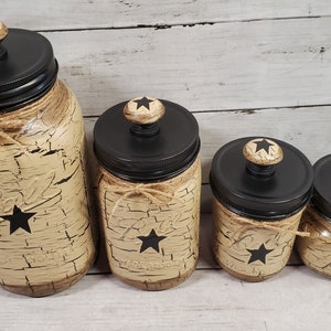 Mason Jar Canister Set of 4 Primitive Crackle Painted Tan W/black Stars ...