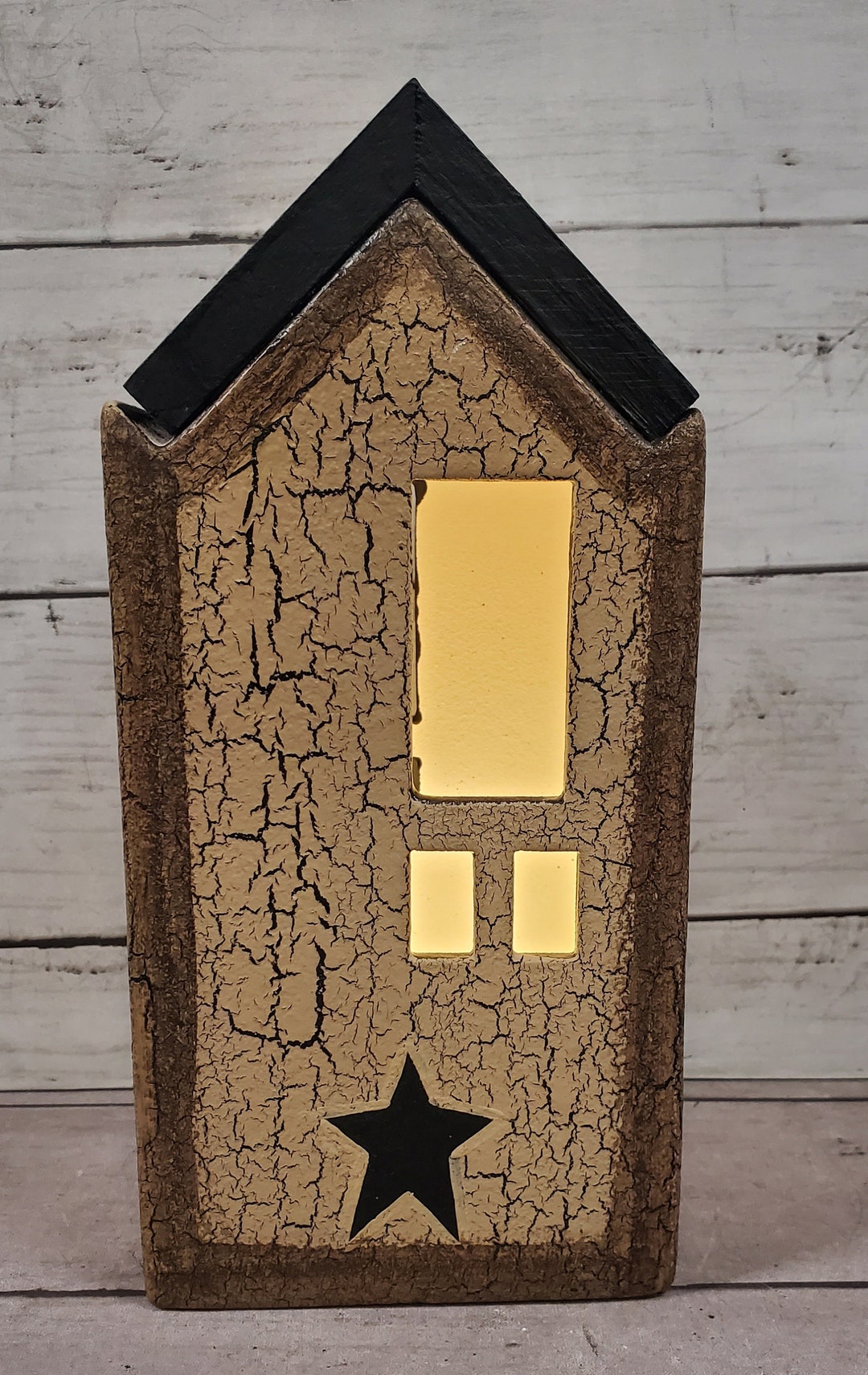Primitive Saltbox House Lighted Crackle Painted Tan W/ Black Star - Etsy