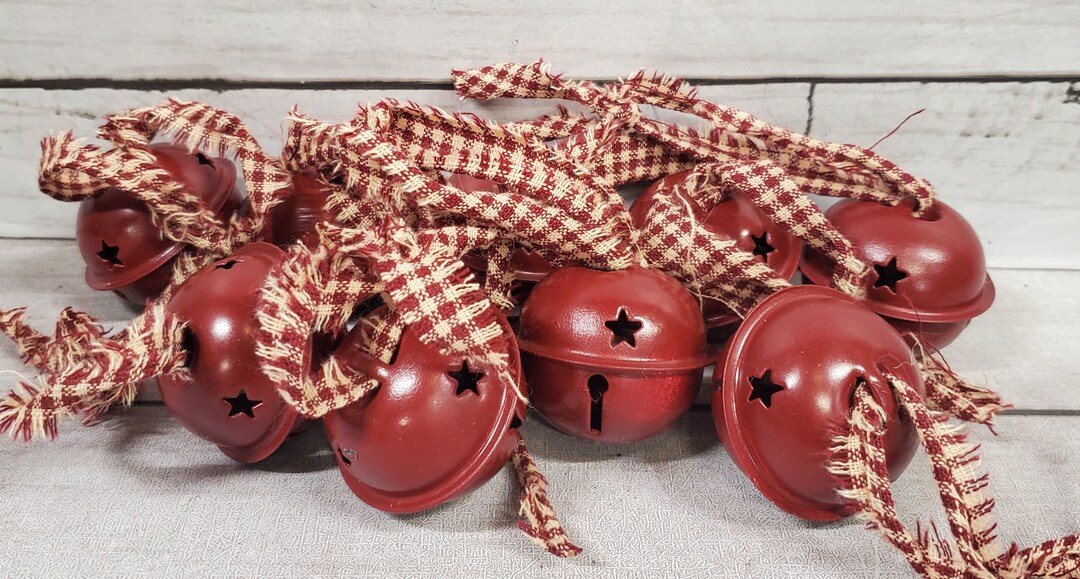Primitive Metal Burgundy Jingle Bell Christmas Ornaments Set of 9 ...