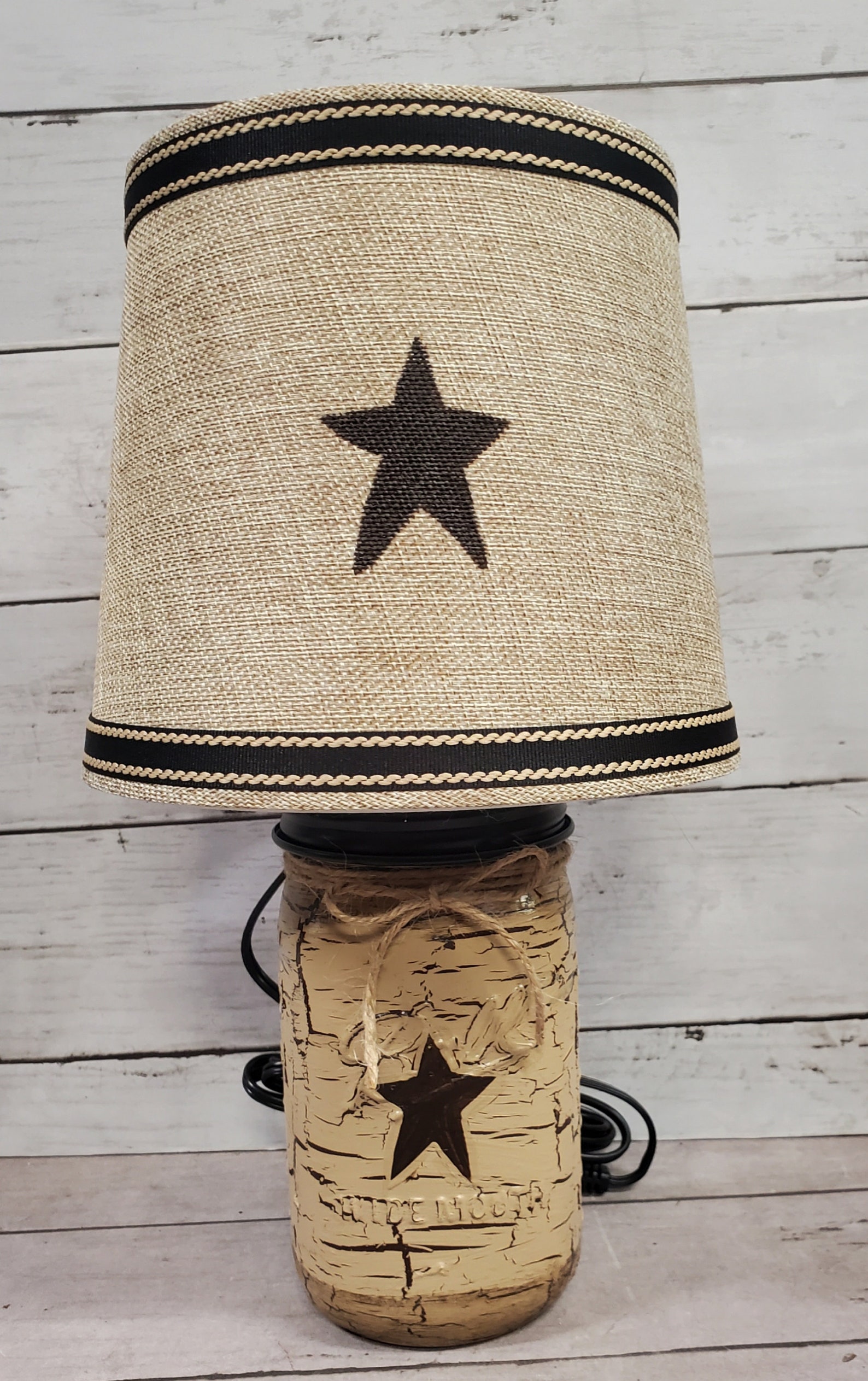 Primitive Crackle Painted Tan W/ Black Star Mason Jar Lamp & Burlap ...